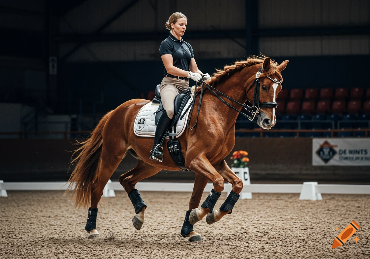 Woman riding a chestnut horse in a dressage arena. on Craiyon