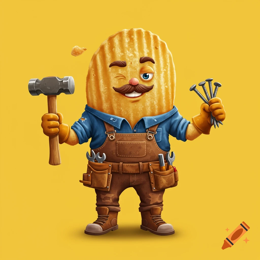 Cartoon potato chip character in carpenter outfit holding a hammer and ...