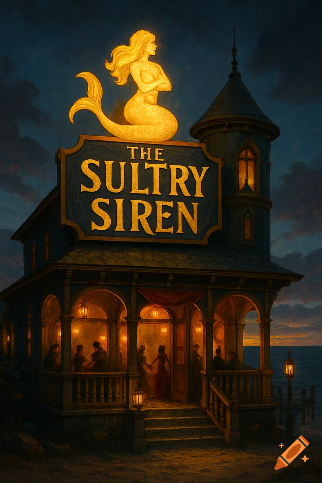 A painting of a fantasy building, 'The Sultry Siren', on a coast at night with a glowing mermaid ...