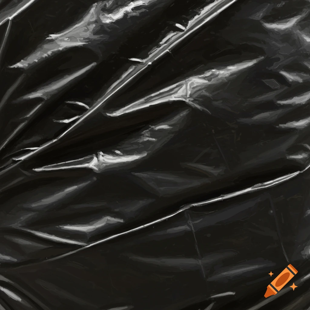 Close-up view of a black trash bag texture, showing wrinkles and ...