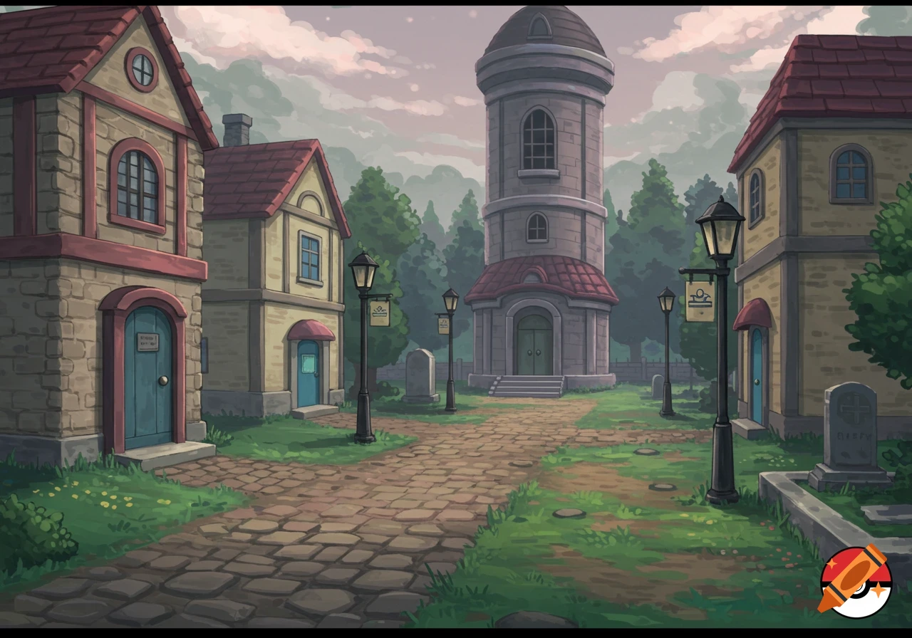 A town square scene from Pokemon Lavender Town with buildings, a tower ...