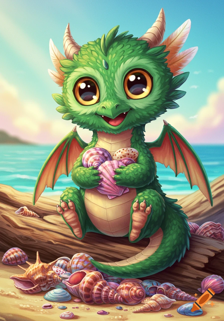 Cute green baby dragon holding seashells on a beach. on Craiyon