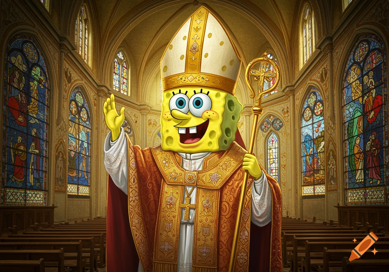 Spongebob Squarepants dressed as the Pope stands in a large church on ...