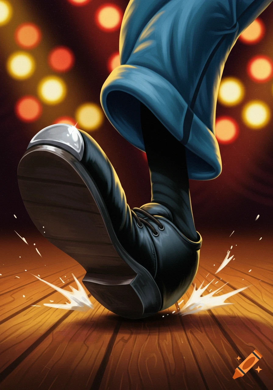 A tap-dancing foot strikes a wooden stage, kicking up sparks. on Craiyon