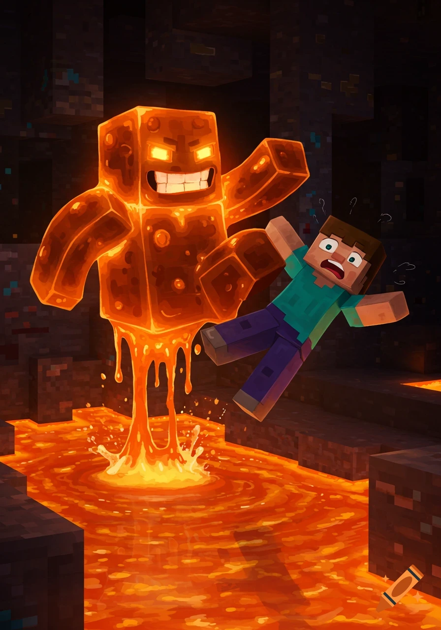 Minecraft magma cube monster attacking a player over lava in a cave. on ...
