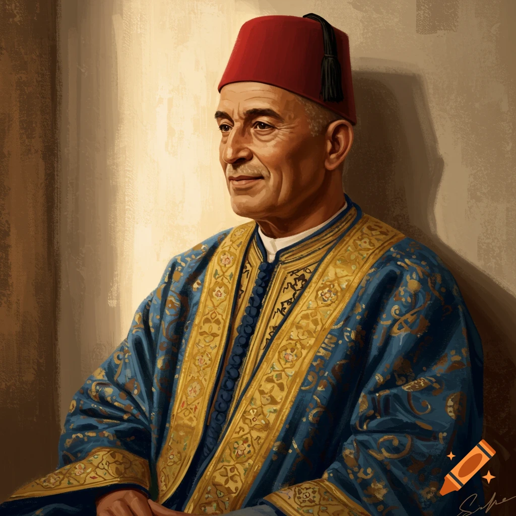 Portrait of a man wearing a red fez and ornate blue and gold ...