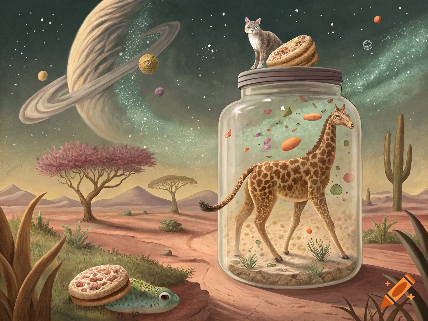 A surreal scene with a giraffe inside a jar in a desert landscape under ...