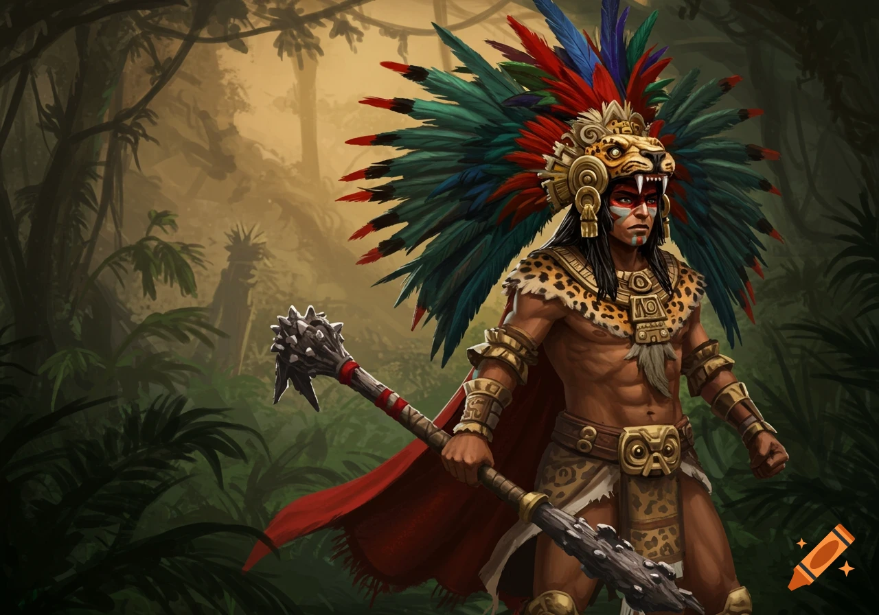 Illustration of an Aztec warrior in a jungle holding a macuahuitl. on ...