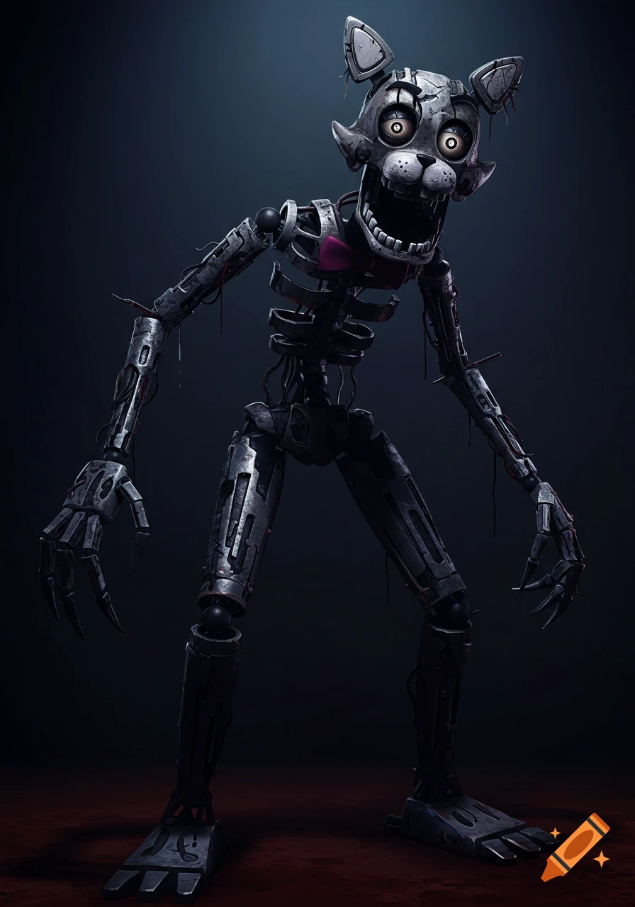 A creepy, skeletal animatronic with glowing eyes and a cat-like face ...