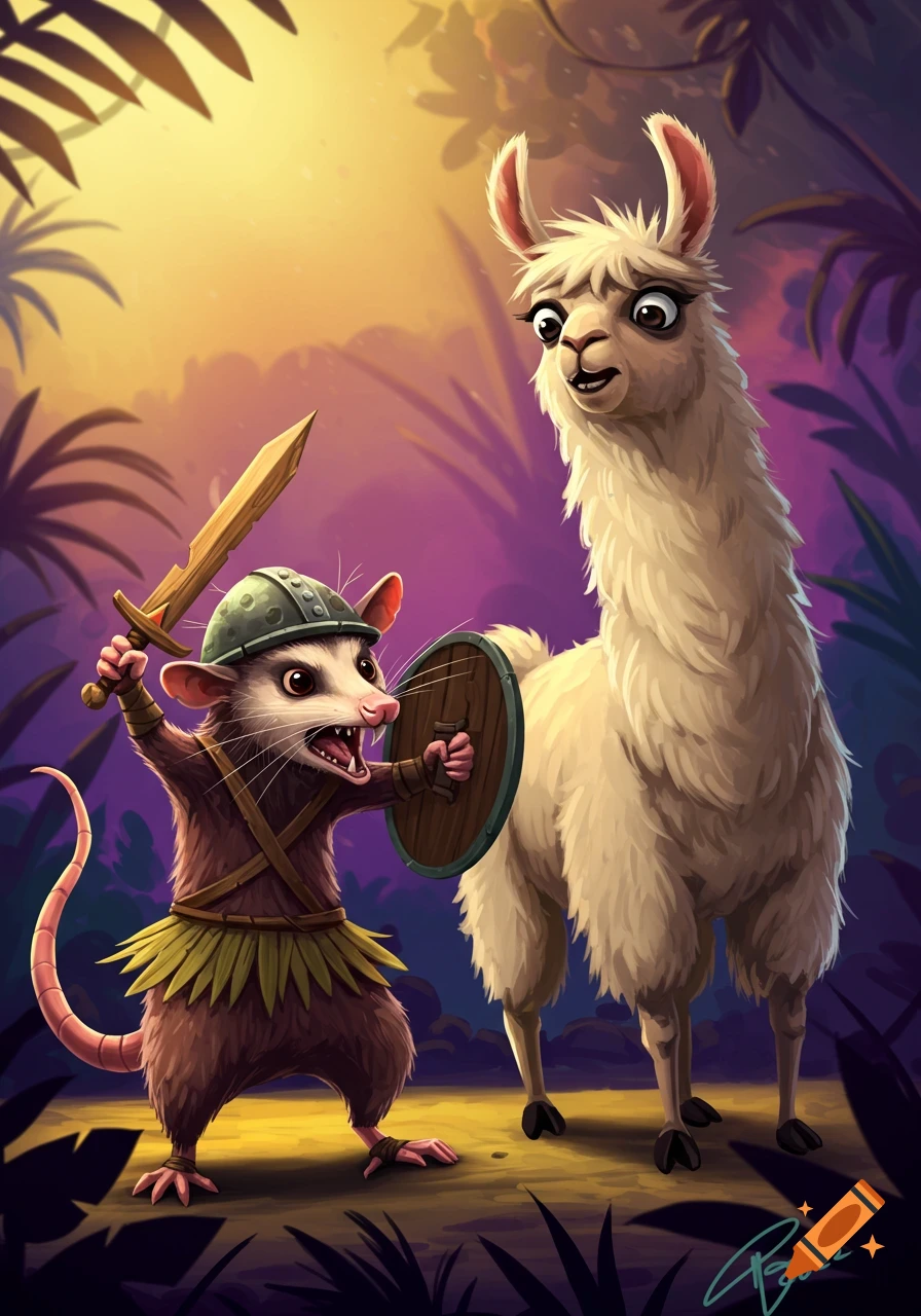 Cartoon illustration of a possum warrior with sword and shield facing ...