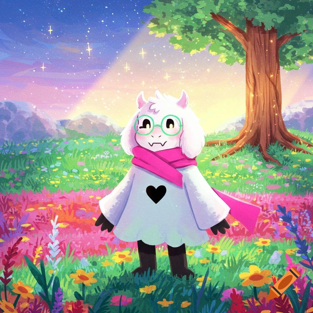 Ralsei stands in a colorful flower field under a bright, starry sky on ...
