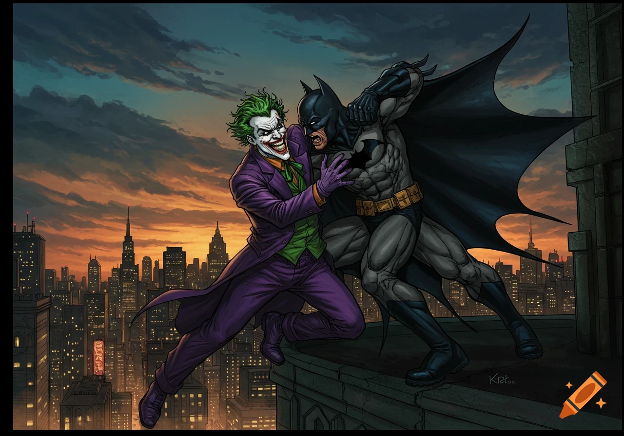 Batman and Joker fighting on a rooftop at sunset overlooking a city in ...