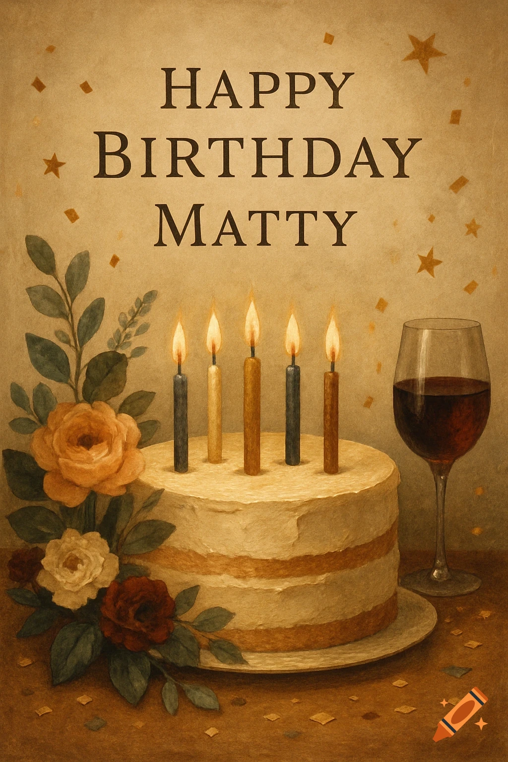 Birthday card with cake, candles, flowers, glass of wine and 'Happy ...