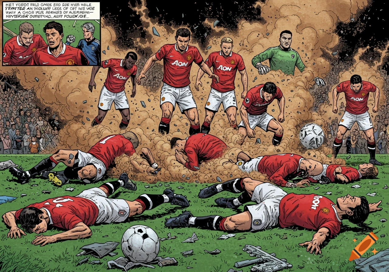 Comic art showing Manchester United football players lying on a dusty ...