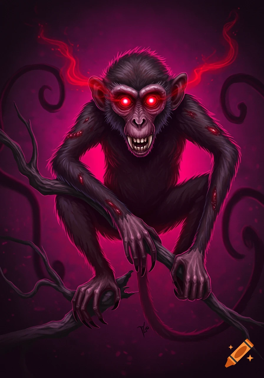 Illustration of a dark, cursed monkey with glowing red eyes sitting on ...