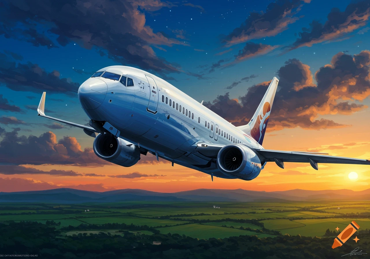 An illustrative image of a Boeing 737 flying against a sunset sky over ...