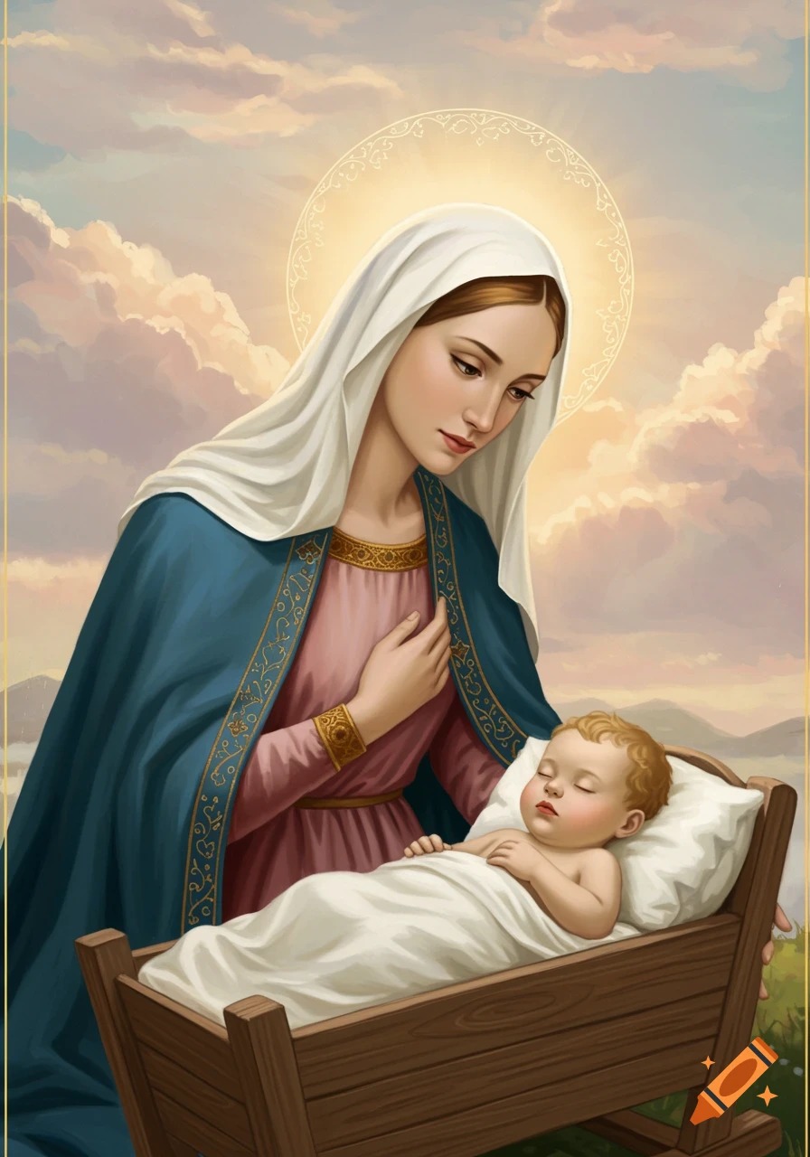 Painting of Mary looking down at baby Jesus in a manger. on Craiyon