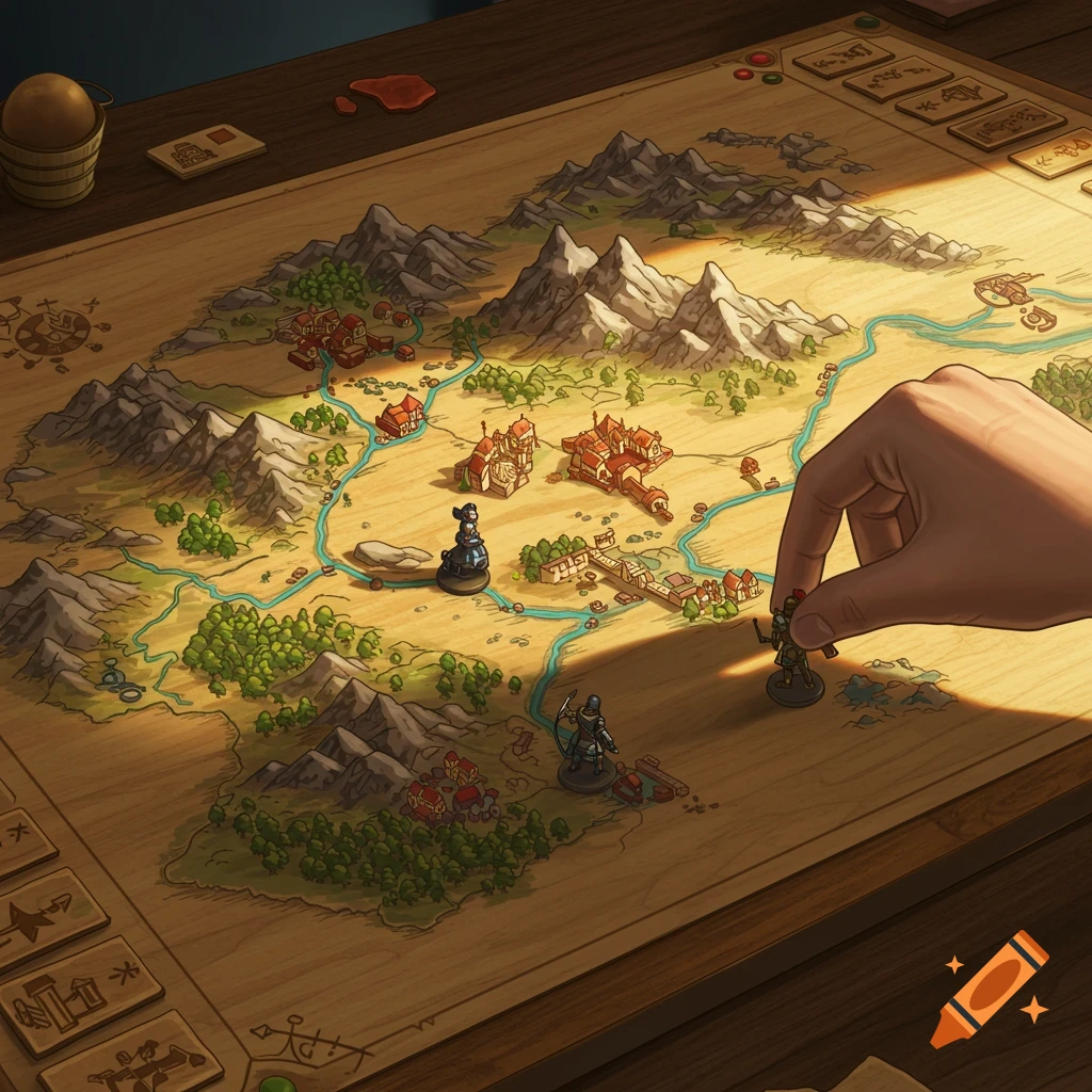 Hand moving a miniature on a detailed fantasy tabletop game map with ...