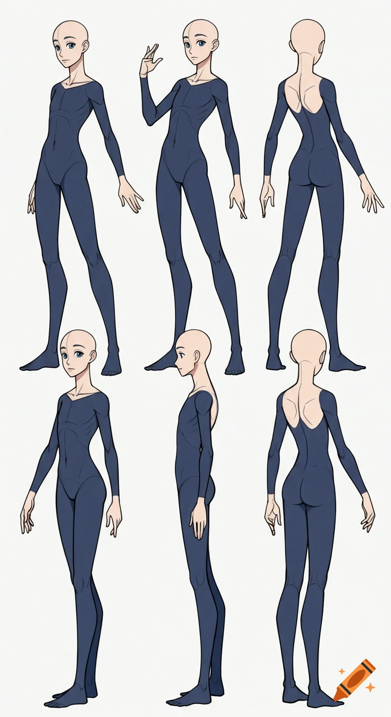 Anime character model sheet showing multiple views of a bald figure in ...