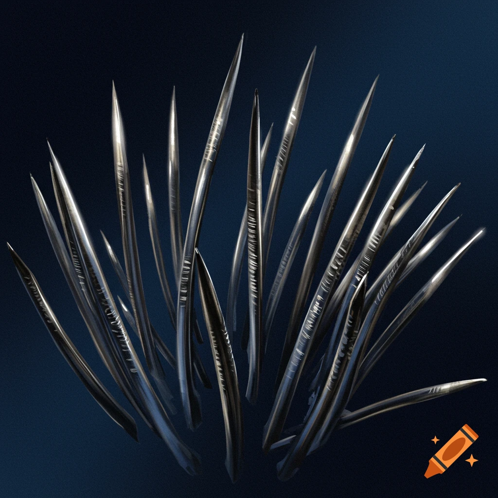 Abstract close-up of shiny silver metal spikes against a dark blue ...