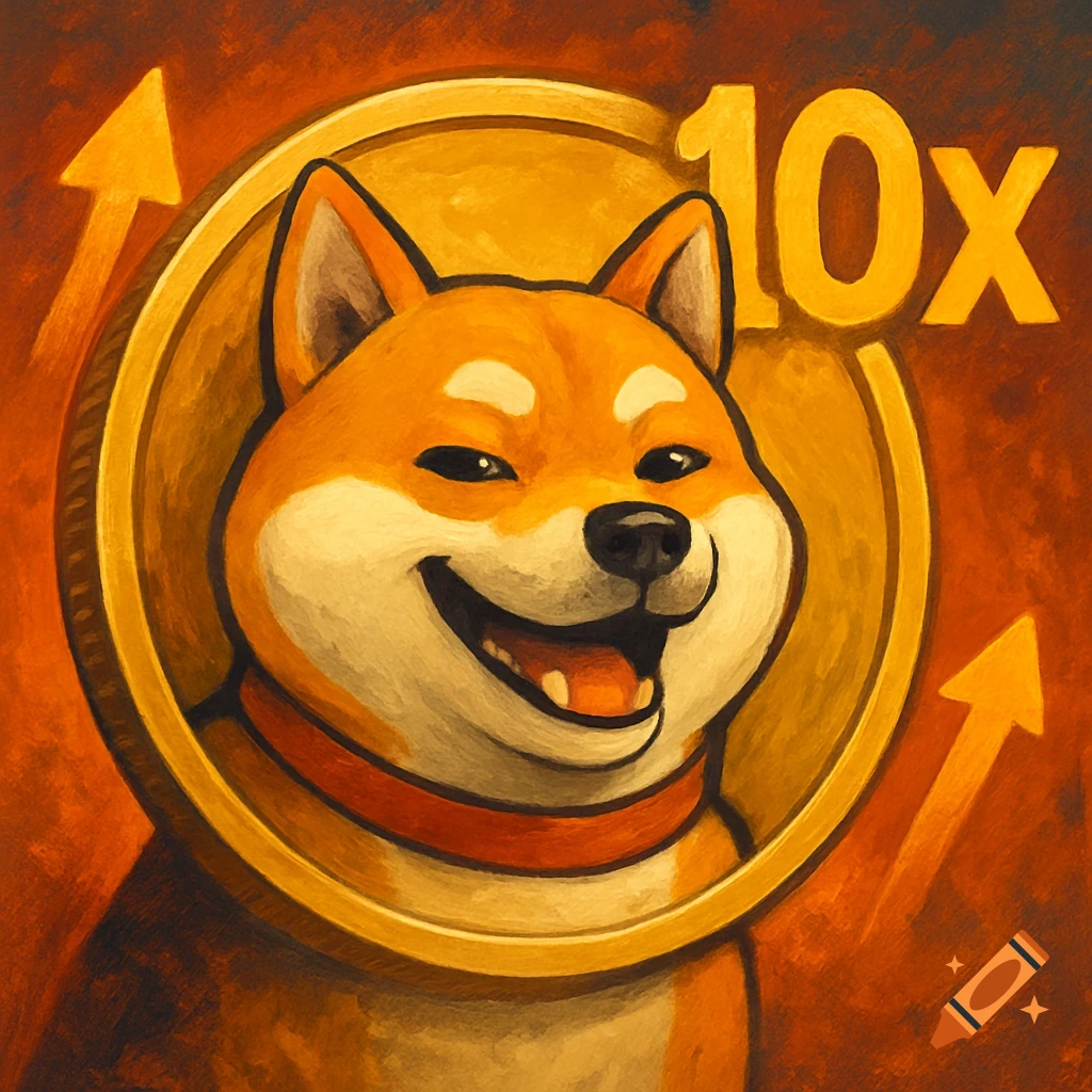 A cartoon Shiba Inu dog on a gold coin with '10x' text and upward ...