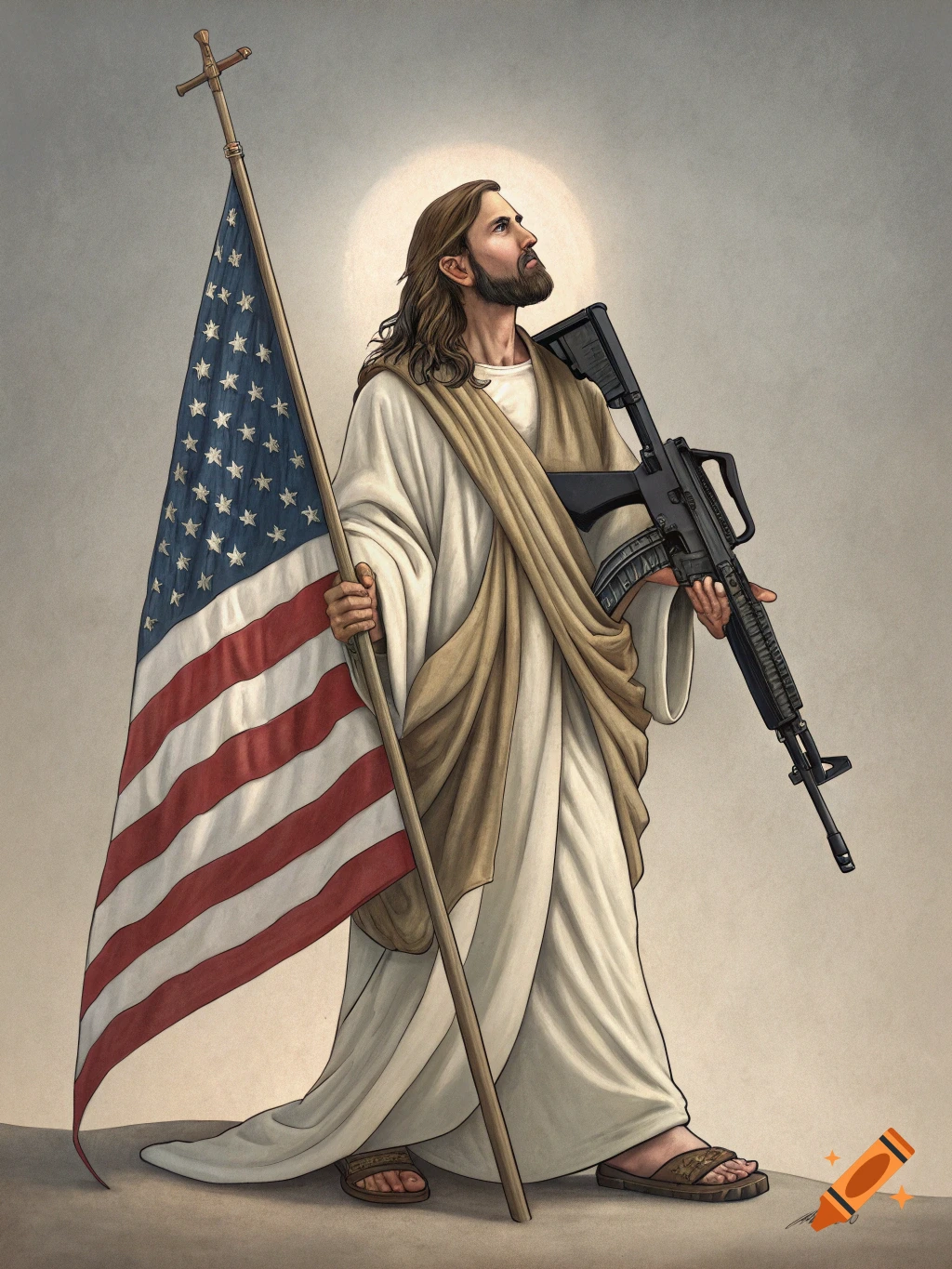 Illustration of Jesus holding an American flag and a rifle on Craiyon