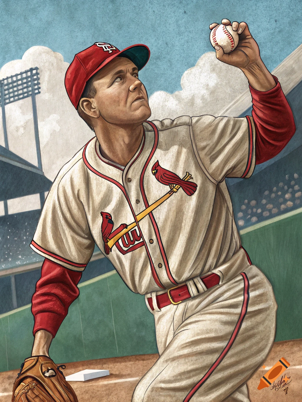 Illustration of baseball player Dizzy Dean throwing a ball in a stadium ...