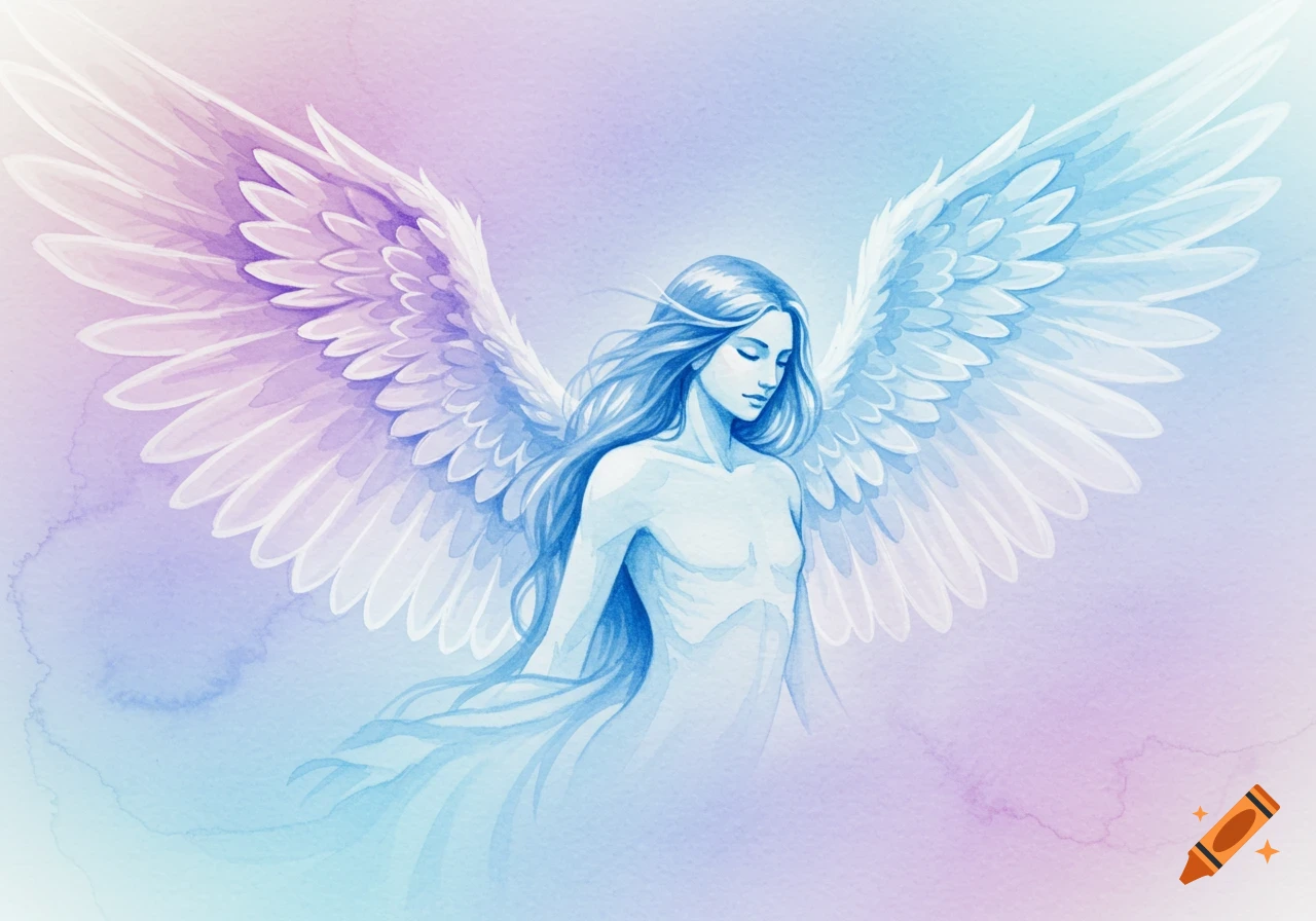 Watercolor painting of a blue and violet angel with large white wings ...