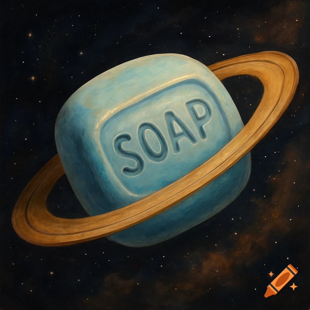 A bar of soap designed as a planet with a ring floats in space. on Craiyon