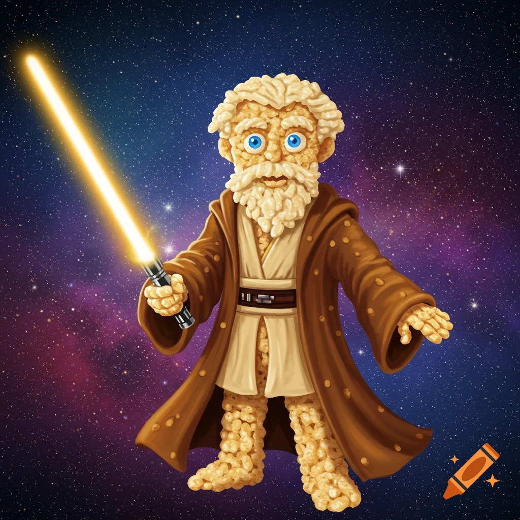 A Jedi character made of rice krispies treats holds a yellow lightsaber ...