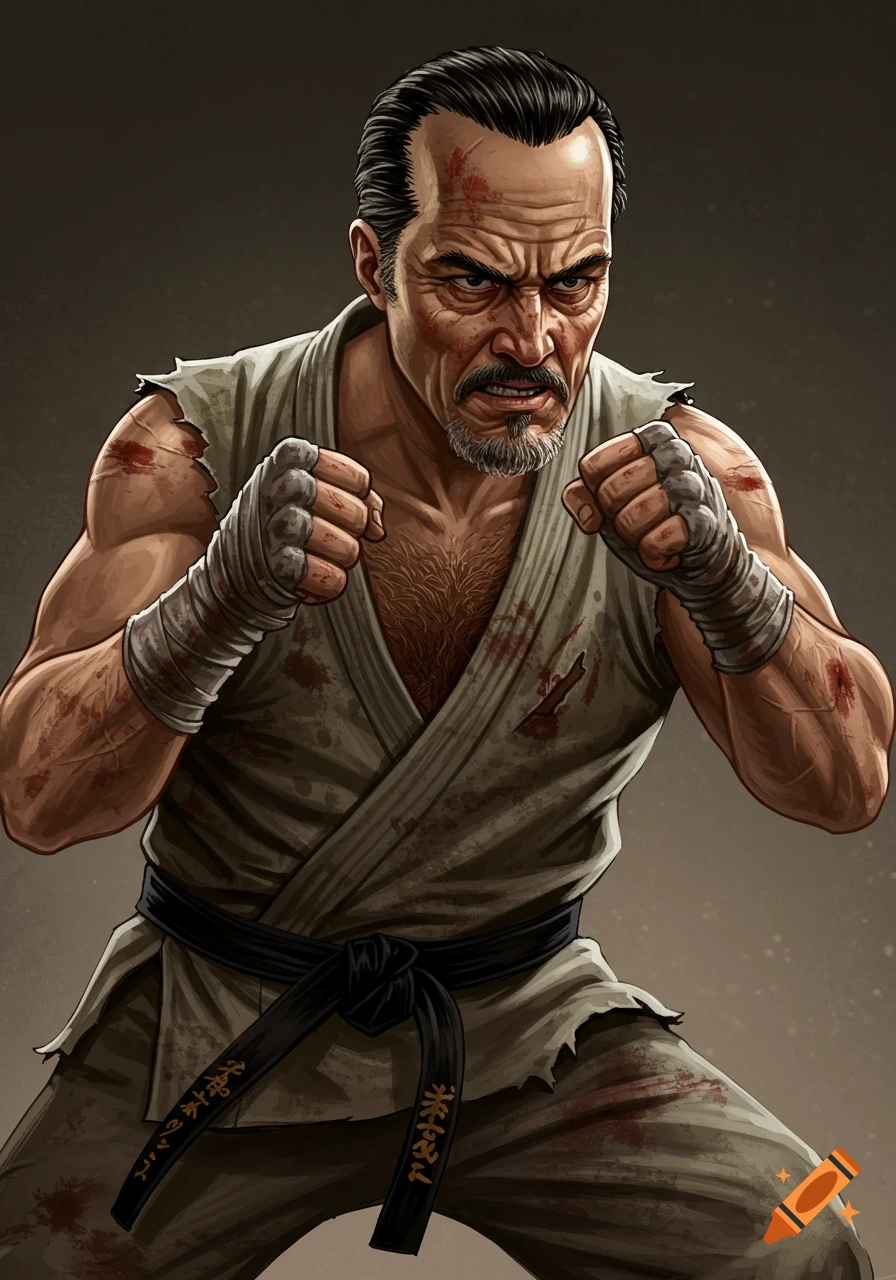 Older man in fighting stance wearing ripped, bloody martial arts gi. on ...