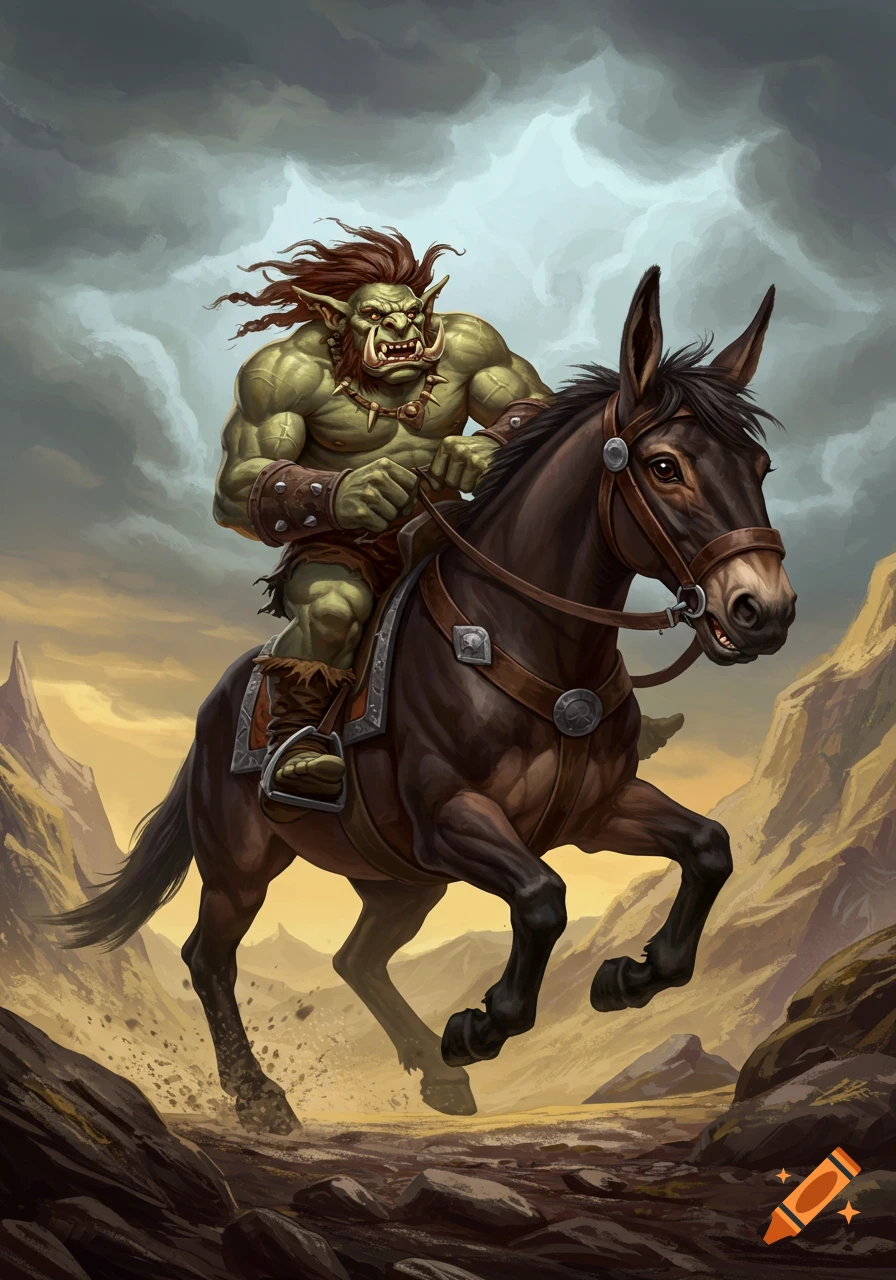 Illustration of a muscular green troll riding a brown mule through a ...
