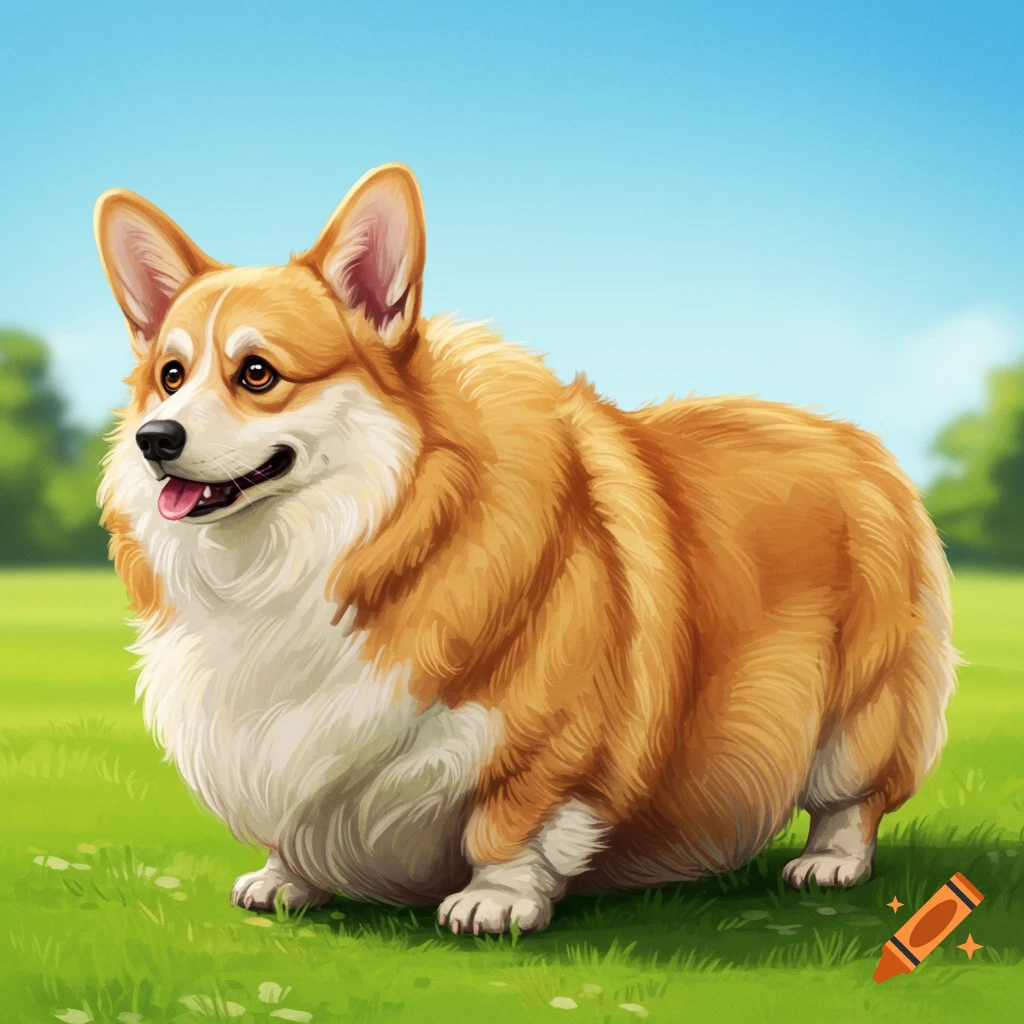 A very fluffy and round corgi sits in a grassy field. on Craiyon