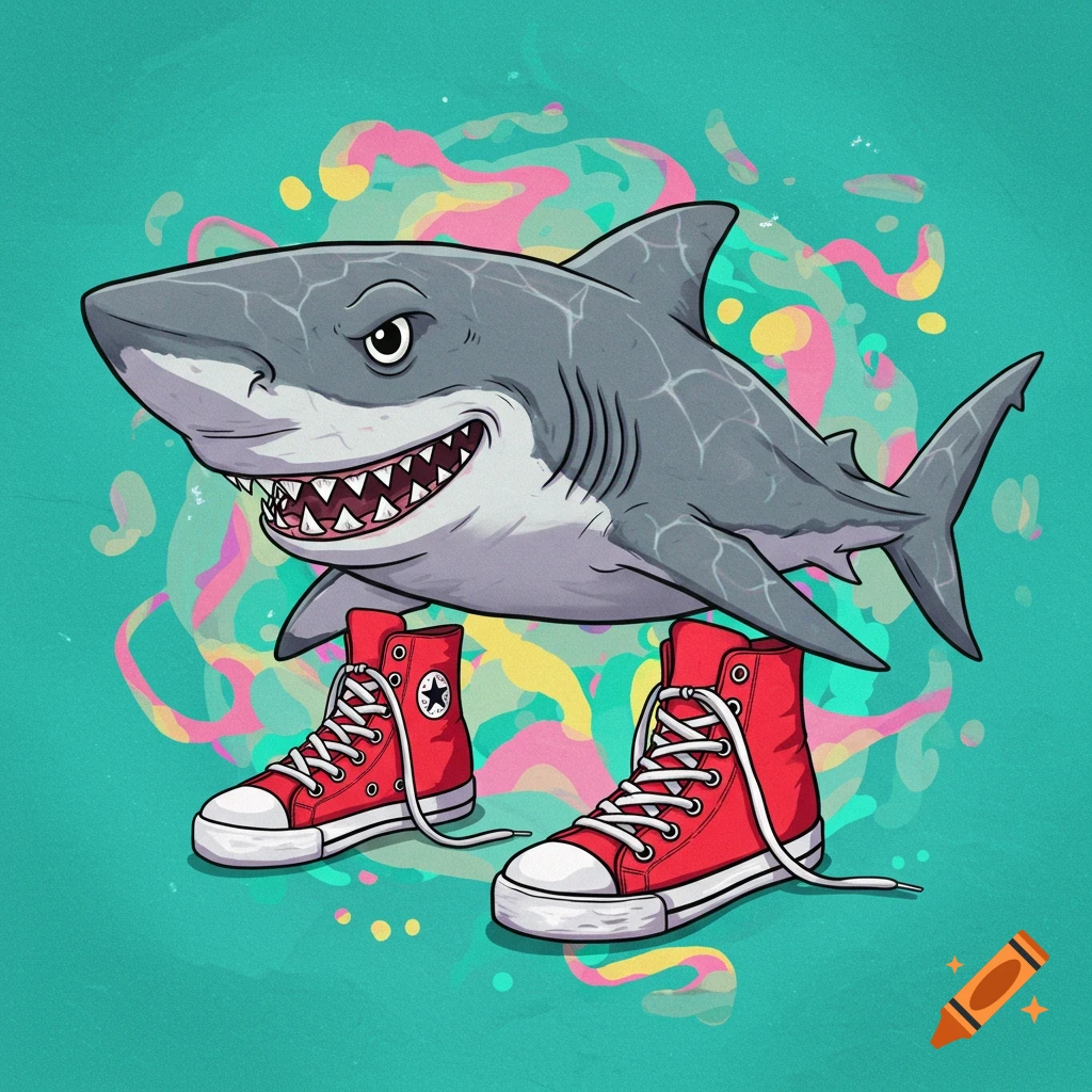 Cartoon shark wearing red high-top sneakers against a colorful abstract ...