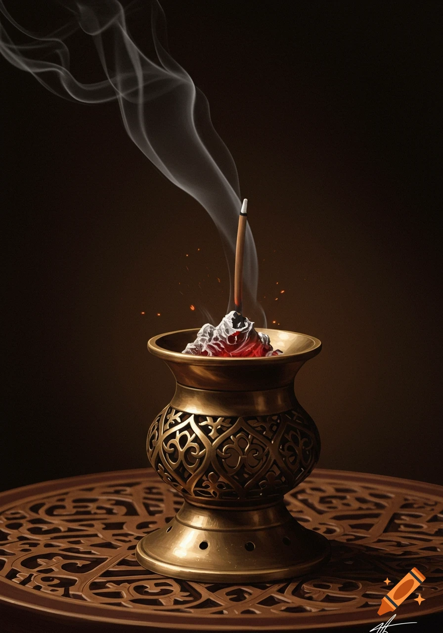 A detailed still life of a decorative brass censer on a carved wooden ...
