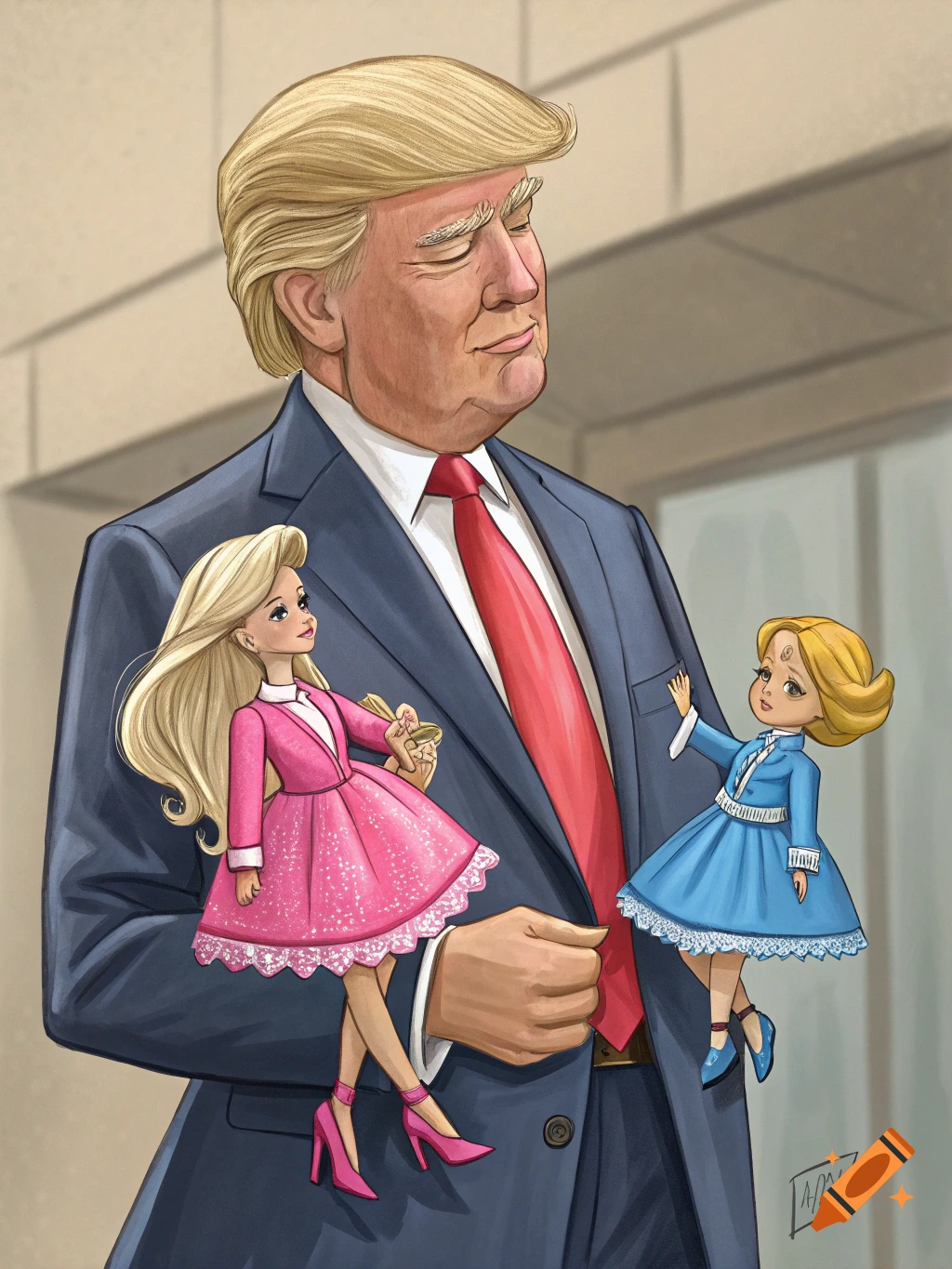 Illustration of Donald Trump holding a Barbie doll and another doll. on ...