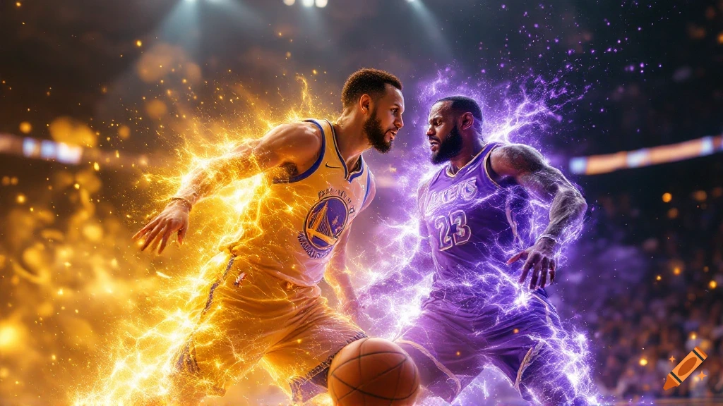 Stephen Curry in gold and LeBron James in purple face off on a ...