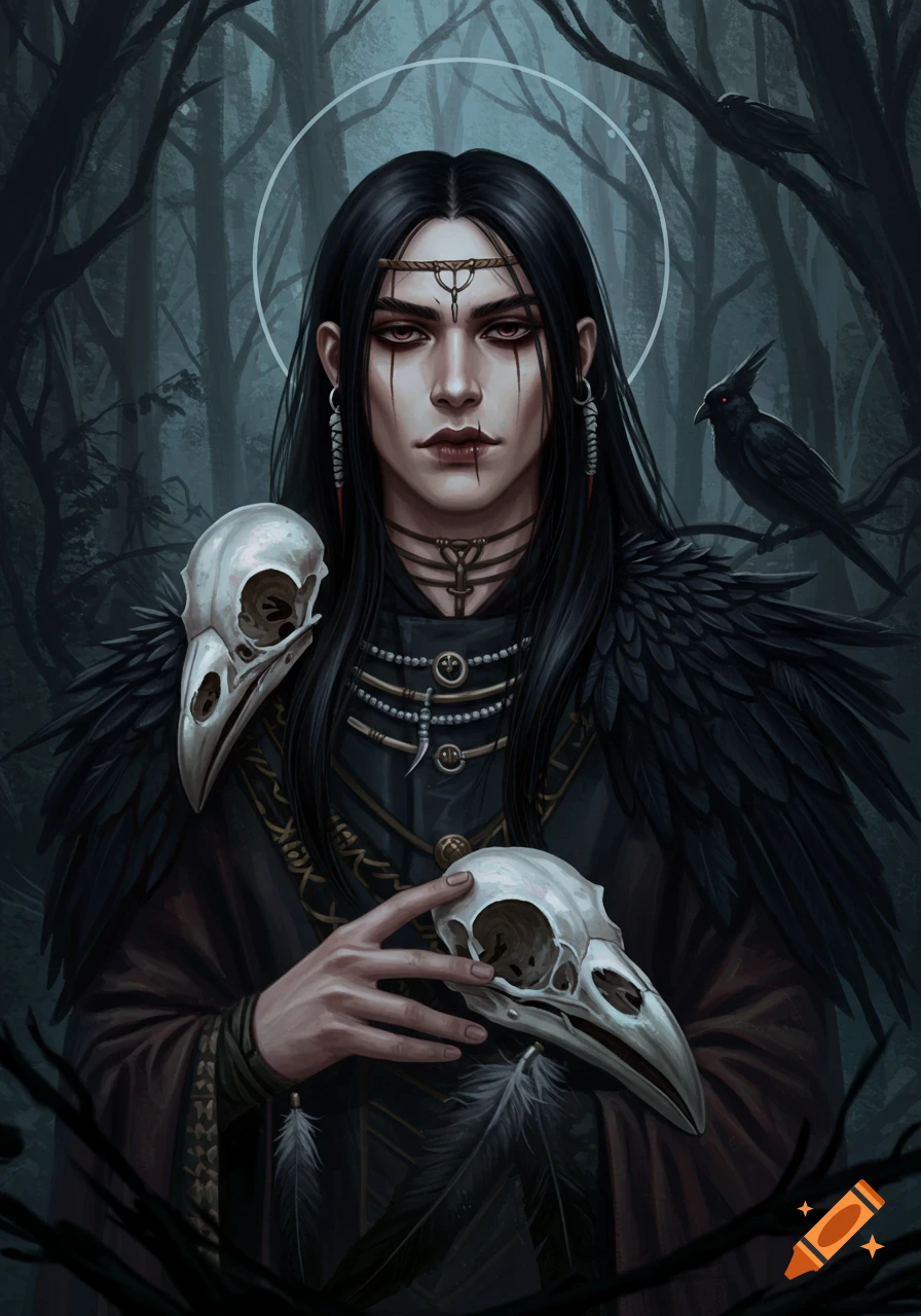 Dark fantasy portrait of a young man with long black hair, wearing ...