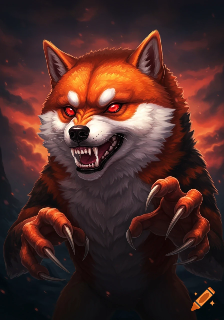 Close-up digital painting of a snarling orange dog monster with red ...
