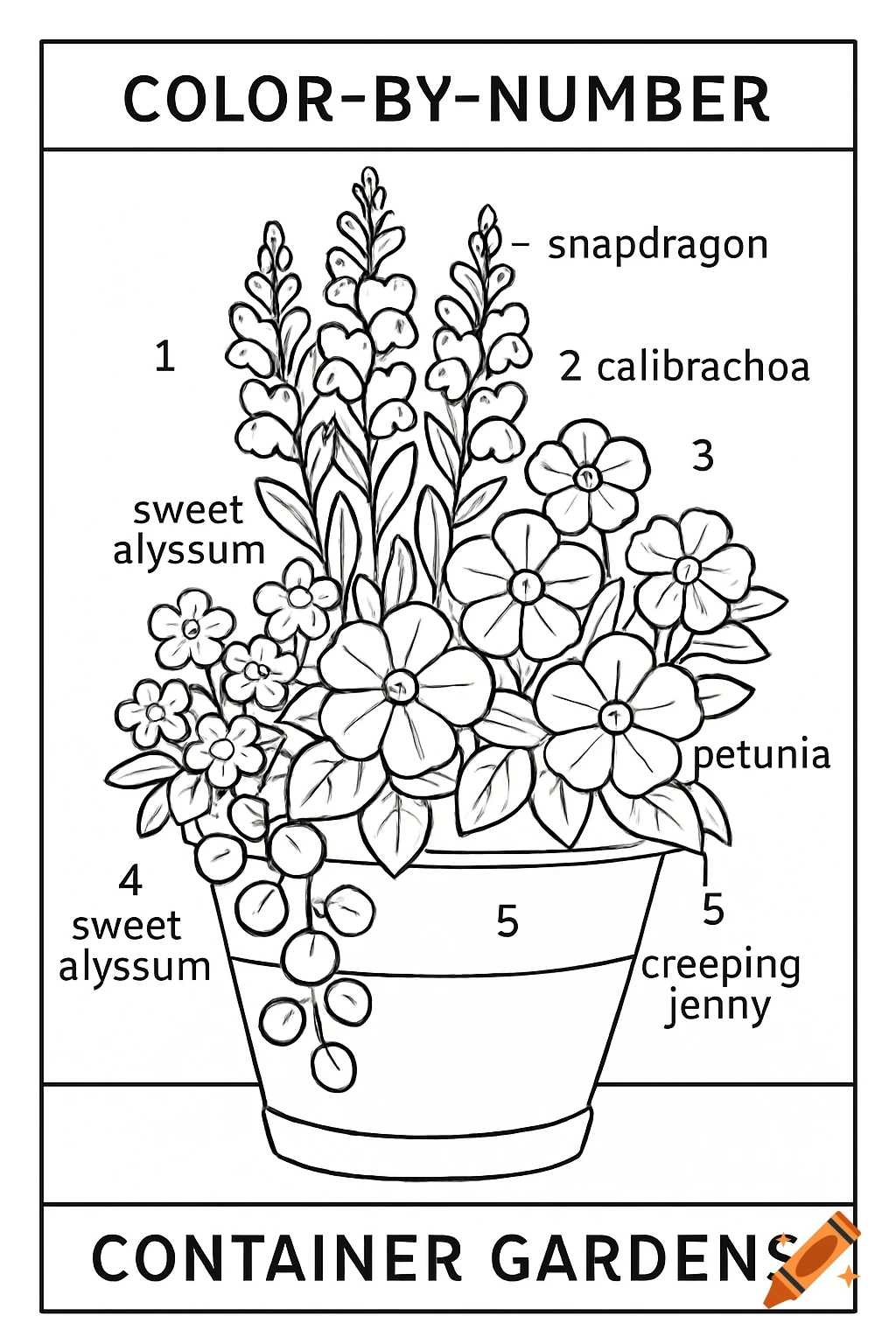 A color-by-number drawing of flowers in a pot, with numbers ...