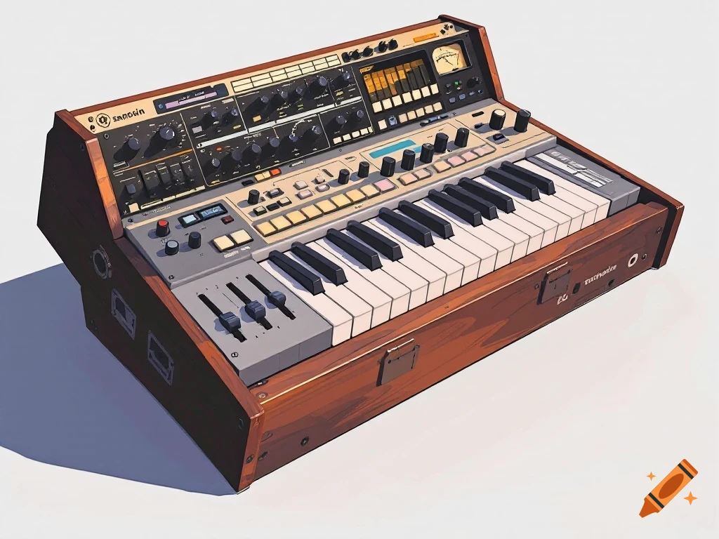 A custom-designed synthesizer with a keyboard, numerous knobs and ...