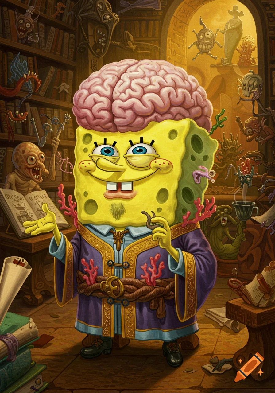 Spongebob Squarepants depicted as a grotesque wizard with a giant brain ...