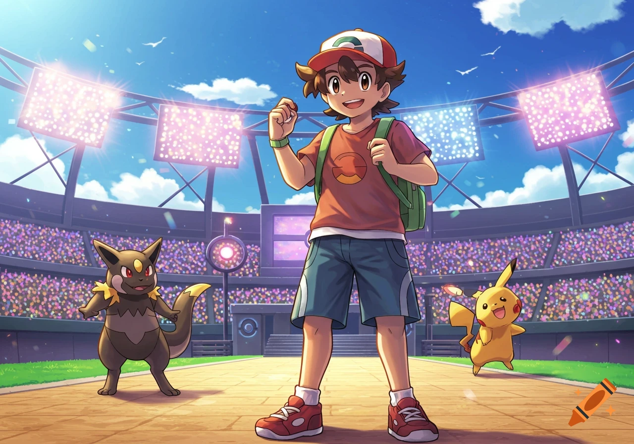 Anime illustration of a Pokemon trainer, Umbreon, and Pikachu in a ...