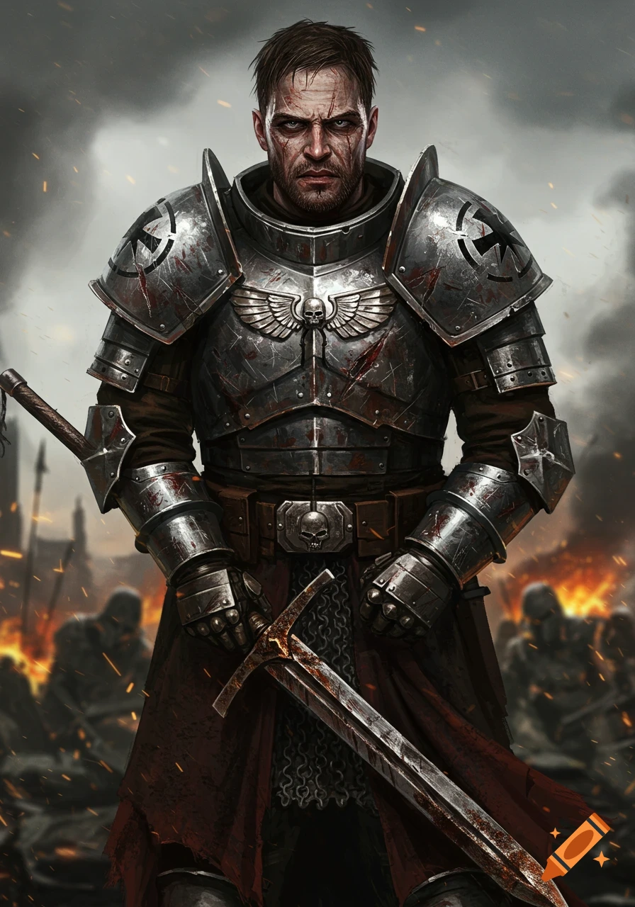 A man in battered metal armour holds a large sword during a battle. on ...