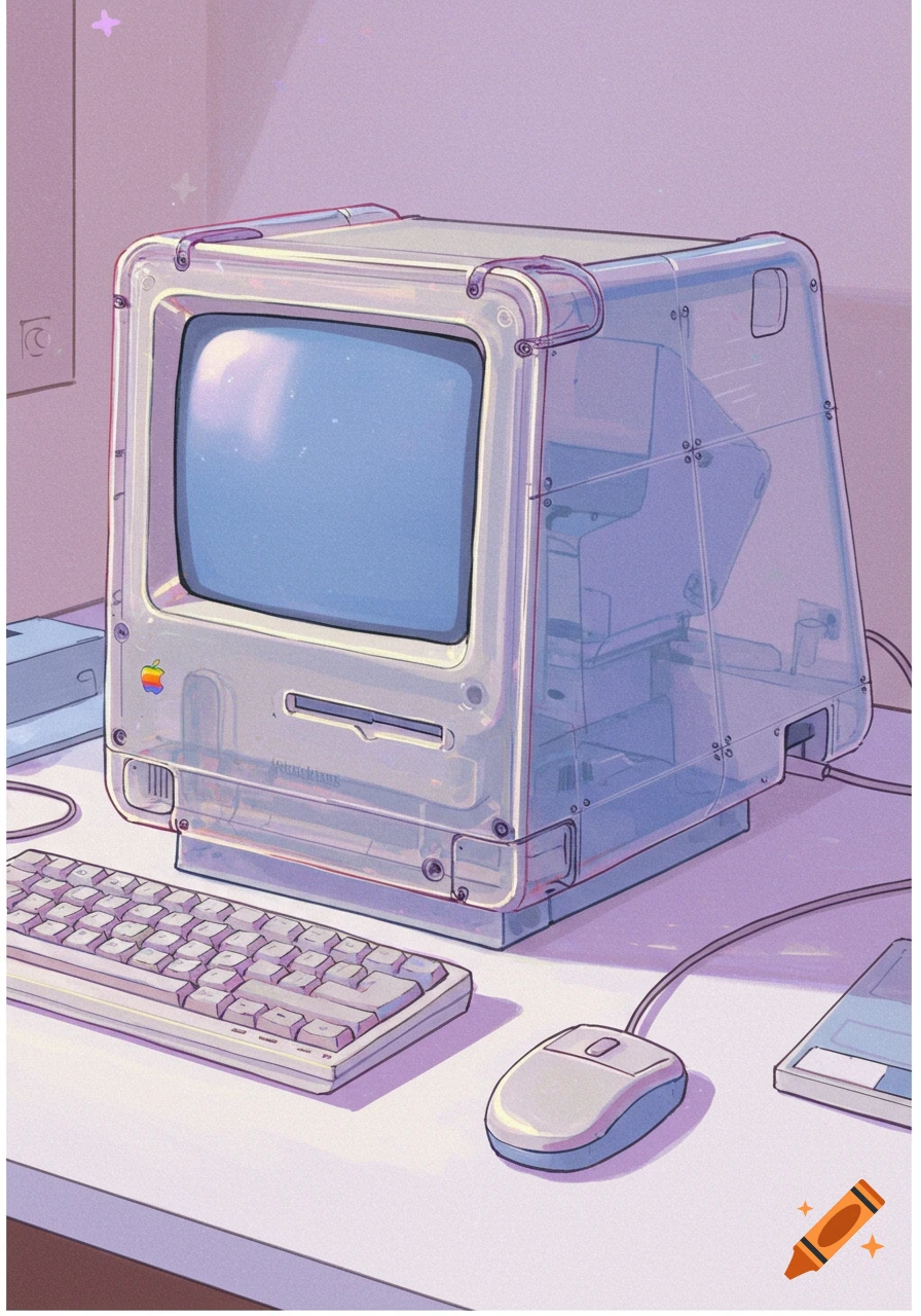 Vintage transparent Macintosh computer on desk, keyboard and mouse, in ...