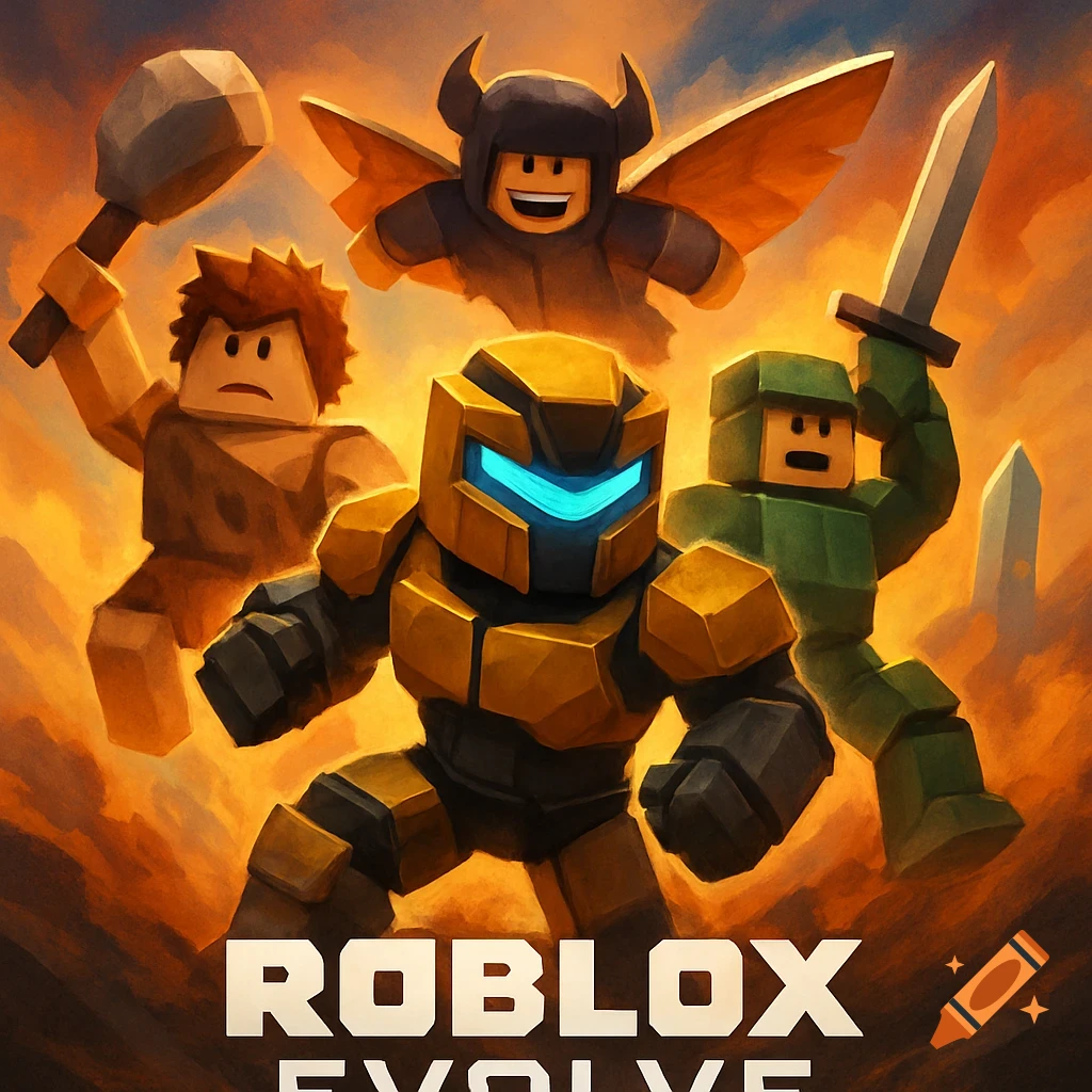 Blocky Roblox-style characters in action pose with 'ROBLOX EVOLVE' text ...