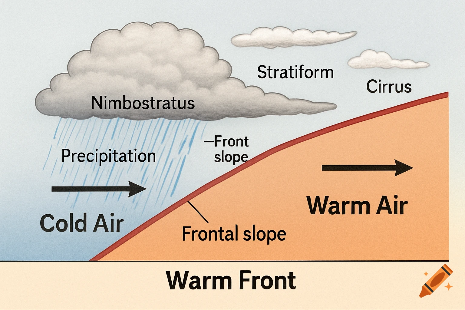 Diagram showing a warm front with warm air overriding cold air, forming ...
