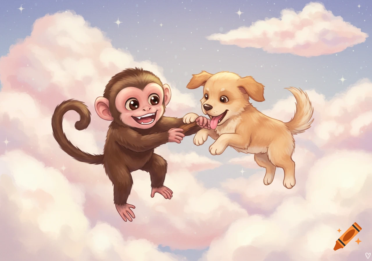 Cartoon monkey and dog playing in pink and purple clouds. on Craiyon