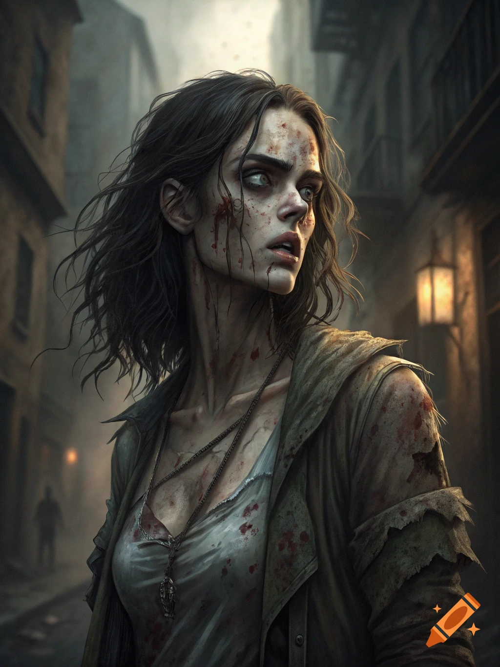 Portrait of a female zombie in a tattered shirt covered in blood ...