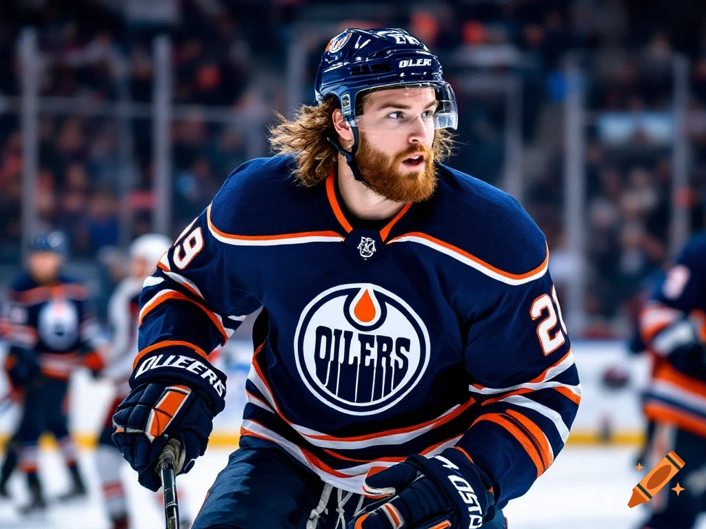 Close-up of a hockey player in an Edmonton Oilers jersey with number 97 ...